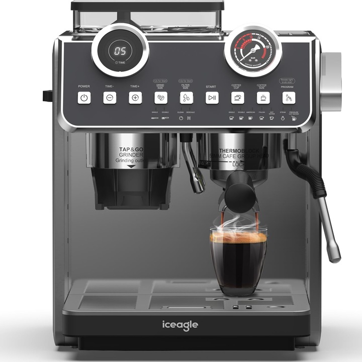 Кафемашина Iceagle, 2800W, 20 бара, 2,7л, неръждаема стомана/черна ...