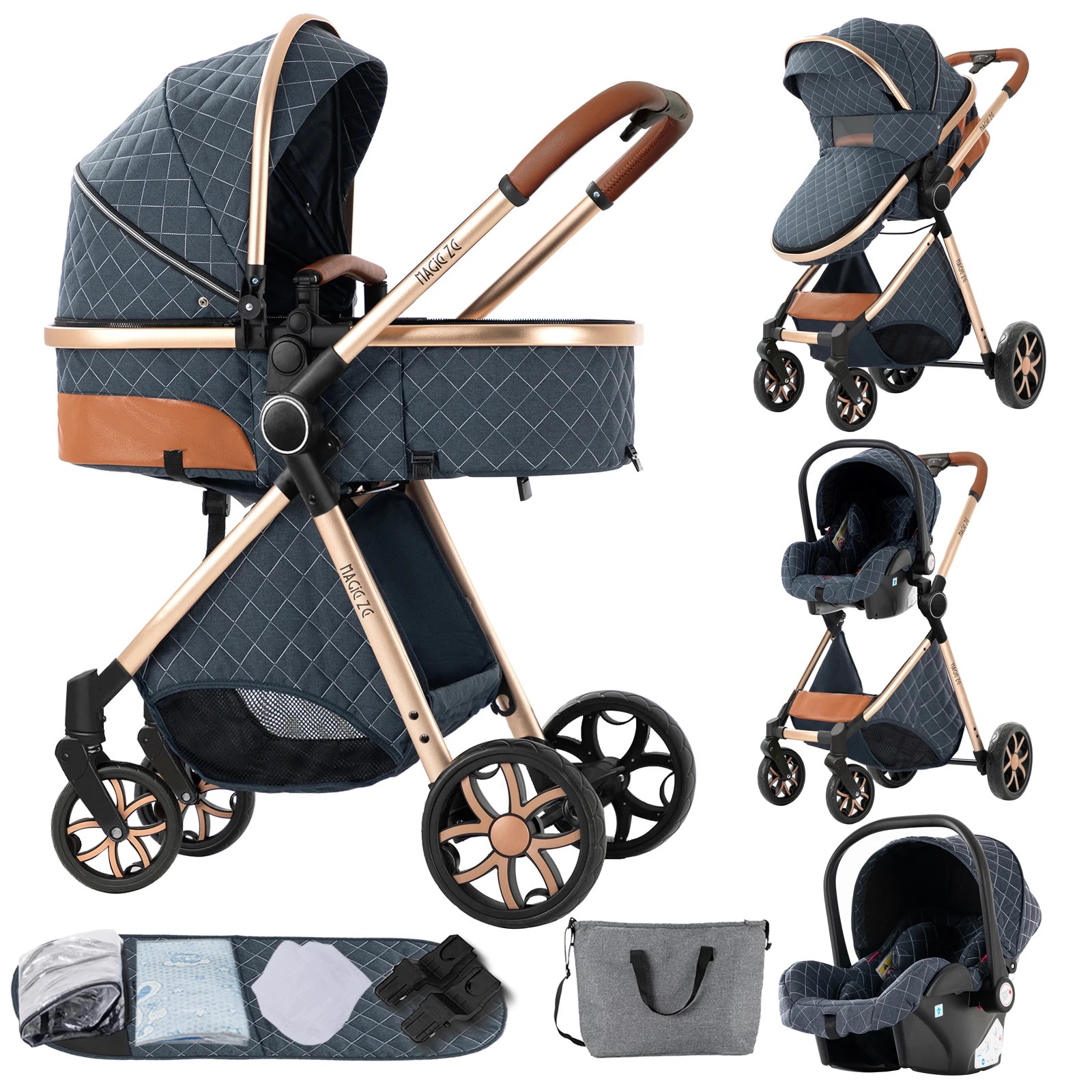 Carucior 3-in-1, albastru, design ultra-usor, roti all-terrain ...