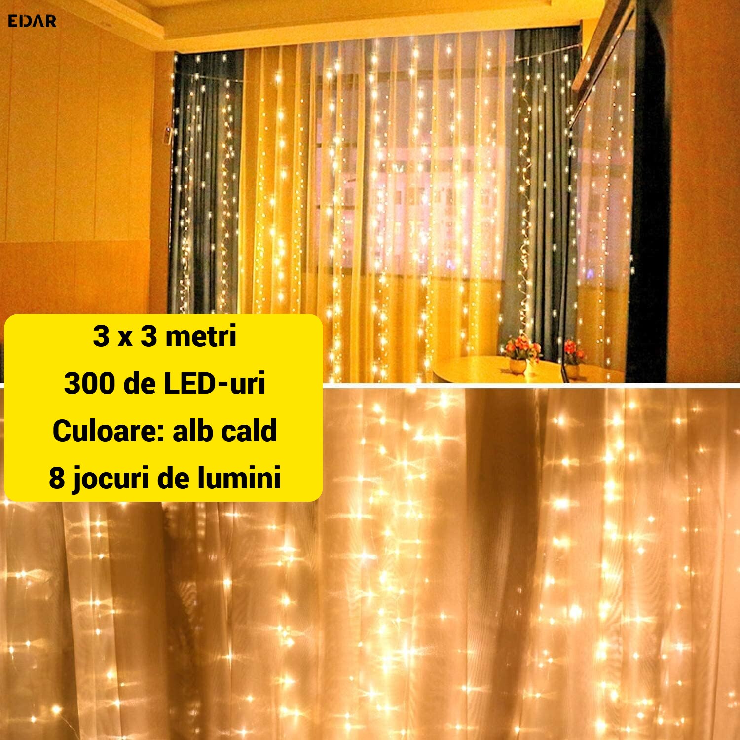 Instalatie Luminoasa Tip Perdea EDAR, 3x3 m, 300 LED-uri Alb Cald, Fir ...