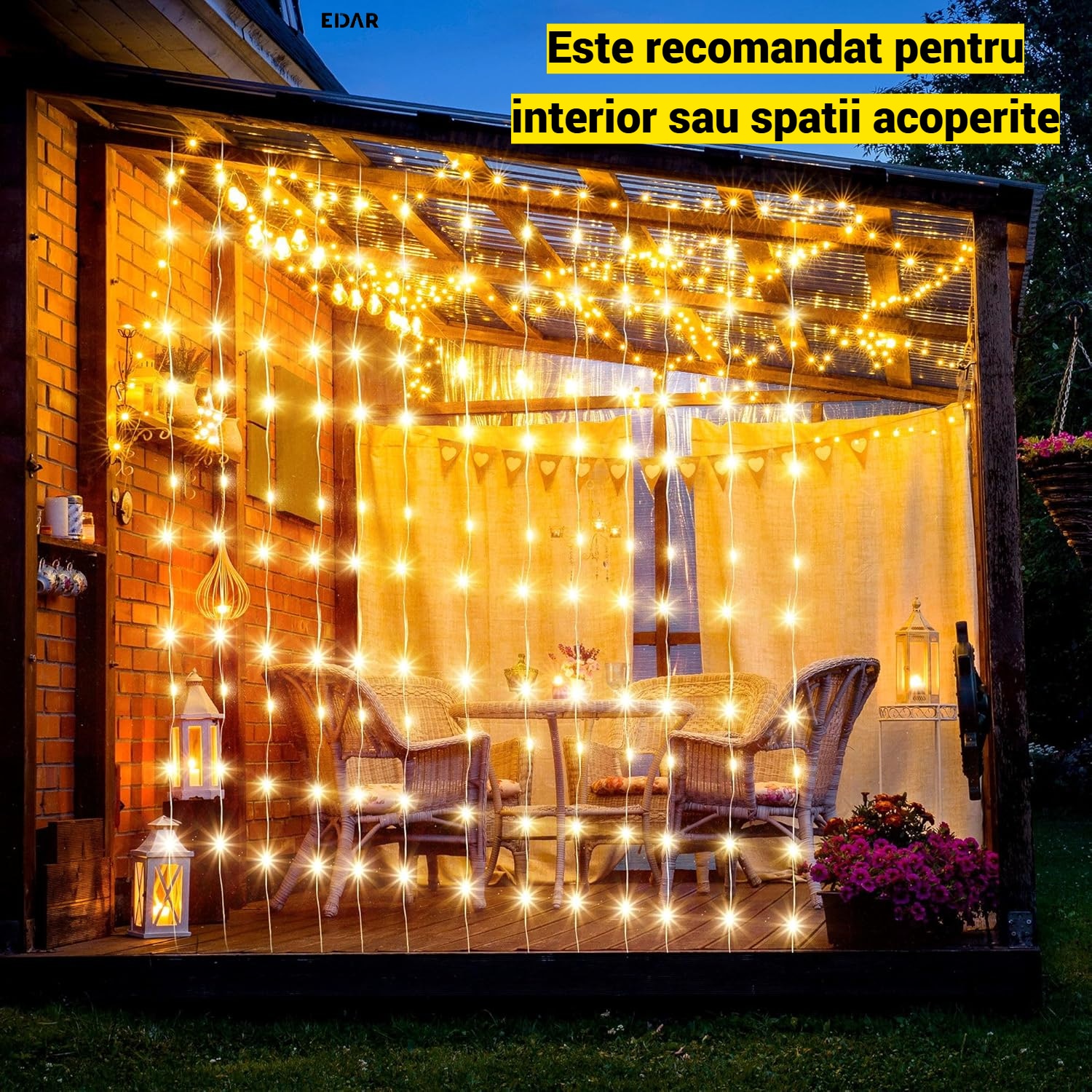 Instalatie Luminoasa Tip Perdea EDAR, 3x3 m, 300 LED-uri Alb Cald, Fir ...