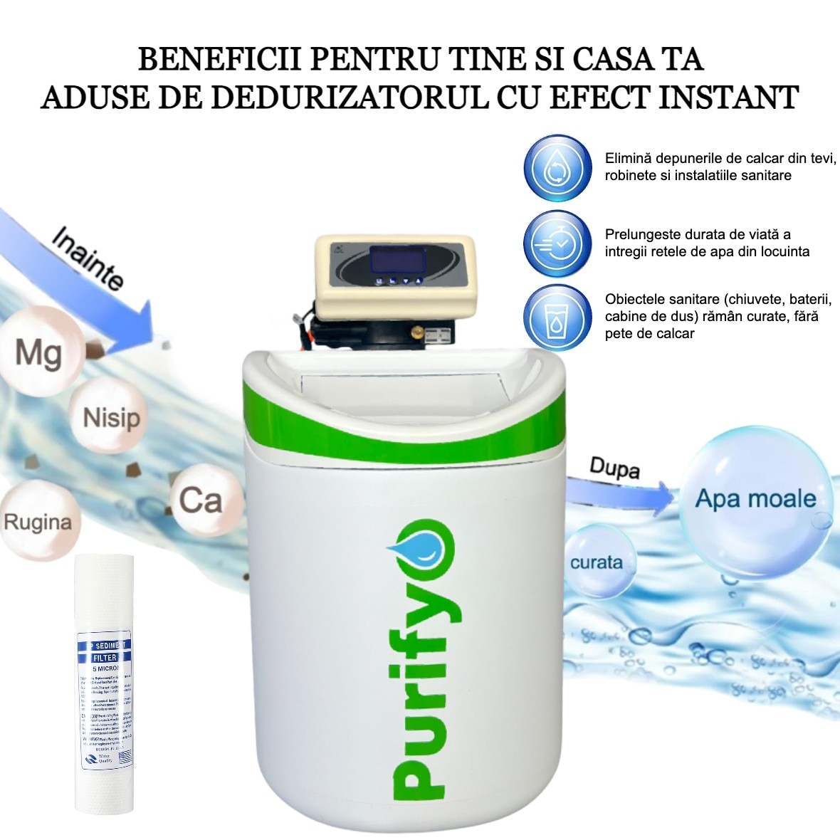Dedurizator de apa 11 l -rasina cationica, 1-4 pers., Purifyo®, afisaj ...
