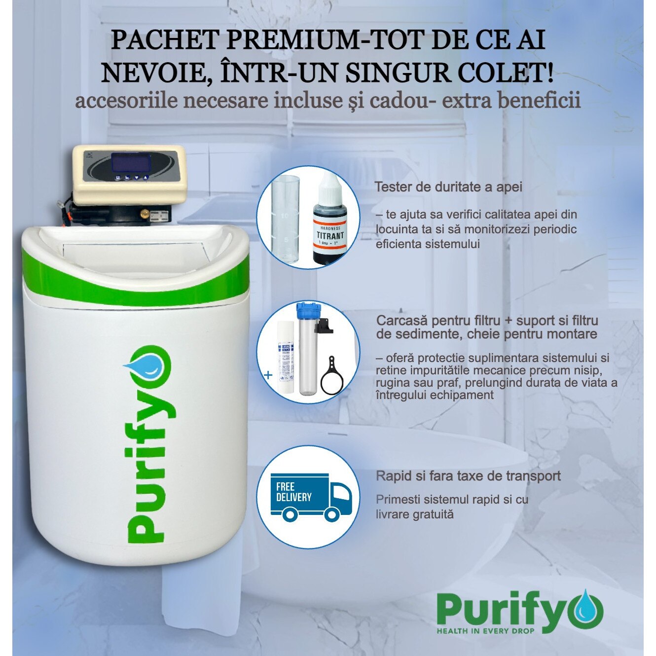 Dedurizator de apa 11 l -rasina cationica, 1-4 pers., Purifyo®, afisaj ...