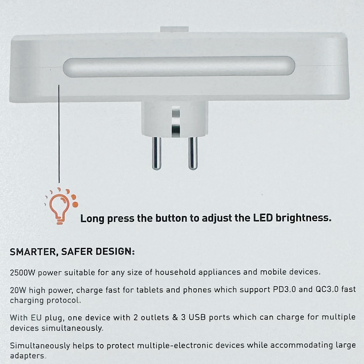 Adaptor priza multiplu cu 2 prize si 3 porturi USB (2x USB-A + 1x USB-C ...