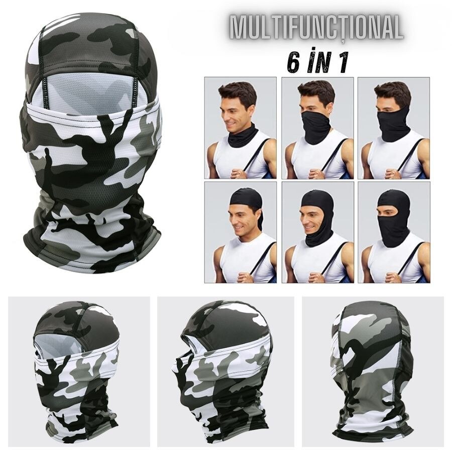 Cagula Tactica Balaclava, Camuflaj Alb Negru, 6in1 Multifunctionala, cu ...