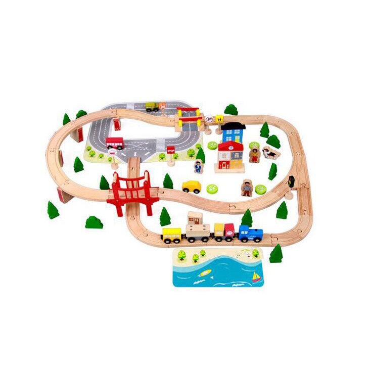 Set Sine De Tren Din Lemn Cu Accesorii 92 Piese Emagro