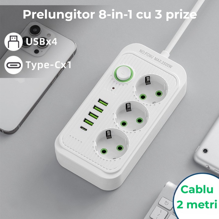Bloc Mutipriza cu Prelungitor 8-in-1 Staryon® 2500W / Priza Multipla cu ...