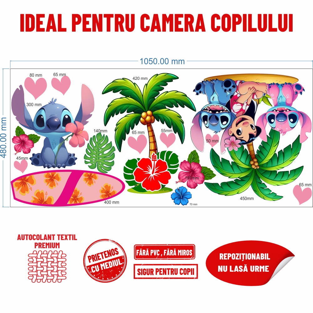 Stickere Perete Stitch si Lilo, 35 piese, aprox. 1 m², Autocolant ...