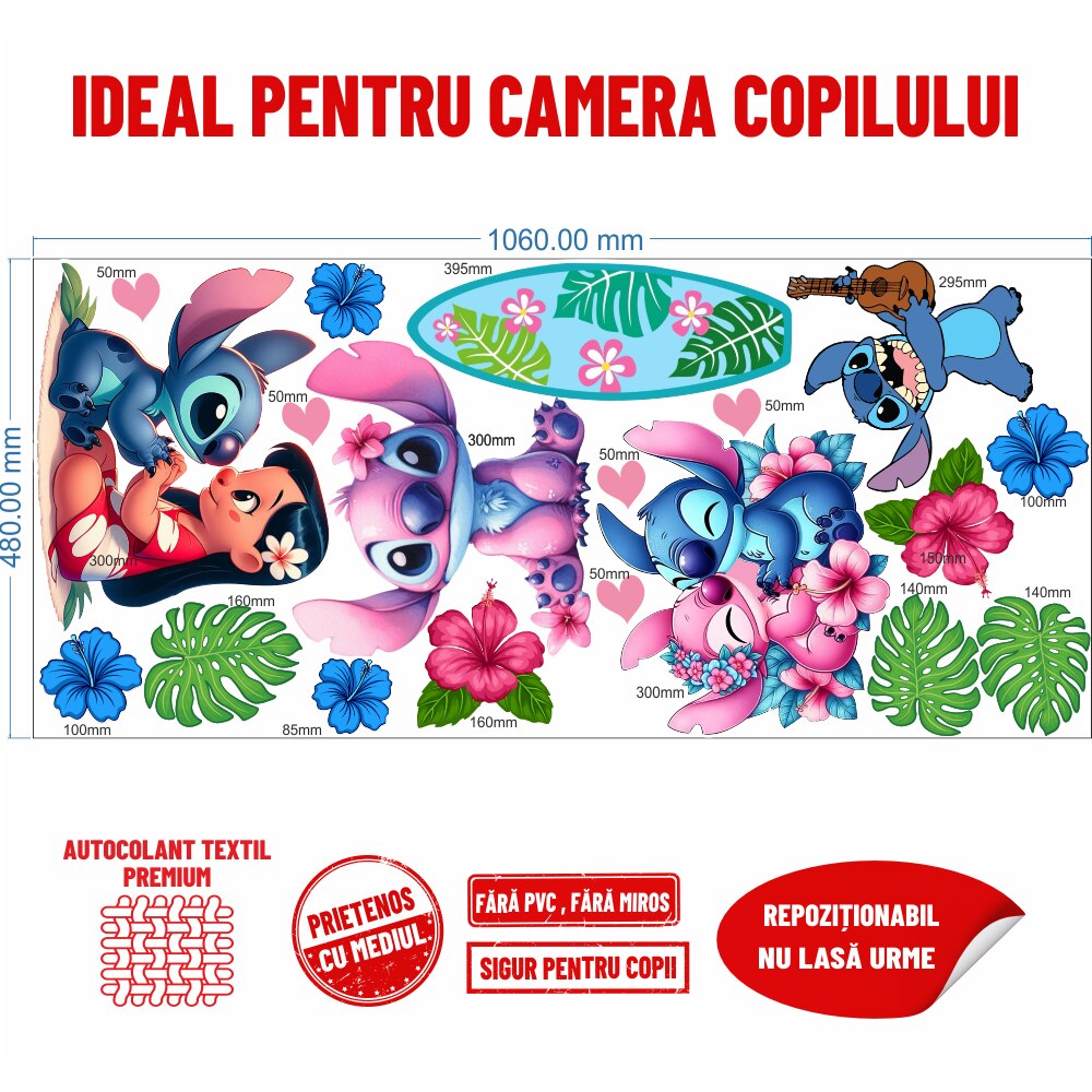Stickere Perete Stitch si Lilo, 35 piese, aprox. 1 m², Autocolant ...