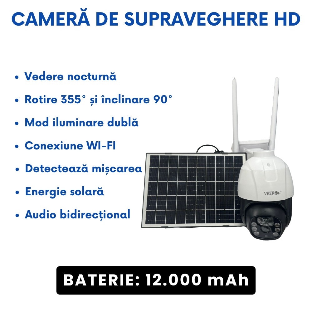 Camera Supraveghere Video, HD, Cu Panou Solar, Conexiune 4G, Baterie ...