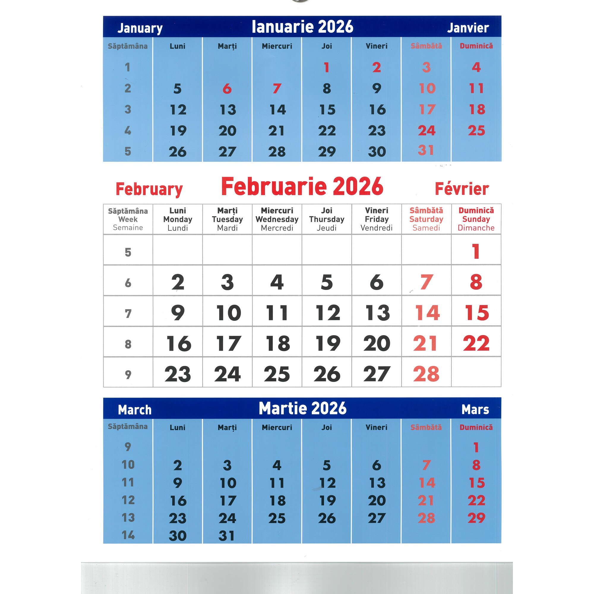 Calendar de perete triptic clasic, format A3, anul 2026 (alb - albastru ...
