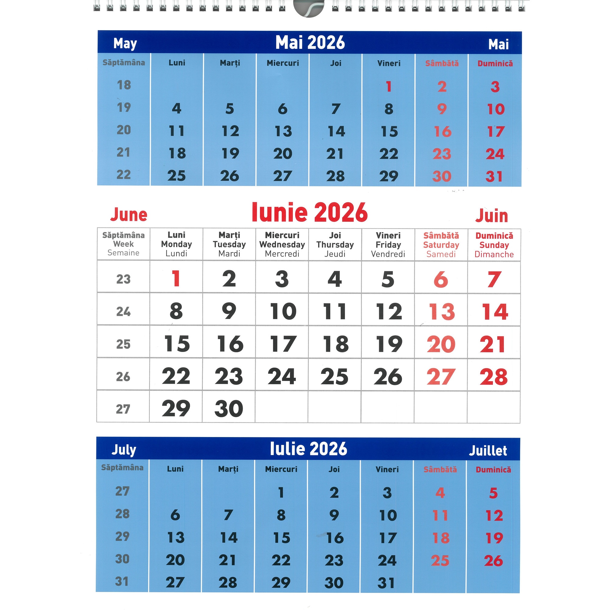 Calendar de perete triptic clasic, format A3, anul 2026 (alb - albastru ...