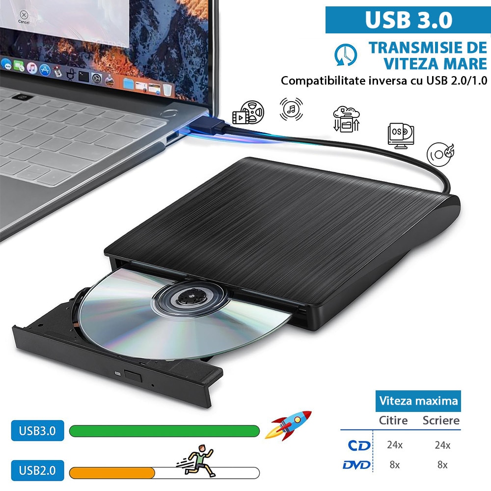 Unitate externa CD/DVD-reader, CD-writer, DONFANLIA®, USB 3.0, Plug and ...