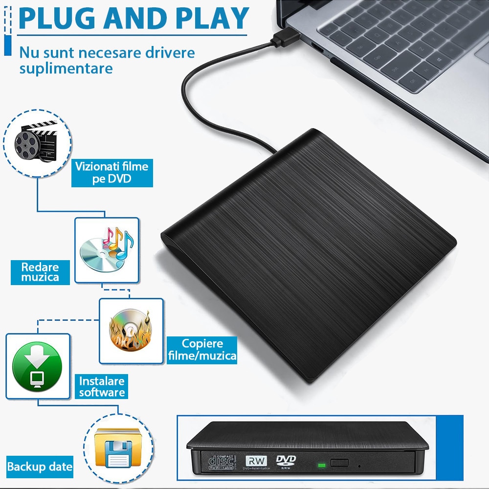 Unitate externa CD/DVD-reader, CD-writer, DONFANLIA®, USB 3.0, Plug and ...