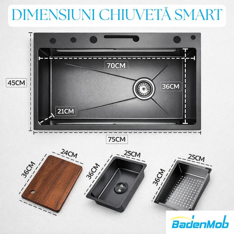 Set chiuveta multifunctionala smart, inox, BadenMob, afisaj digital ...