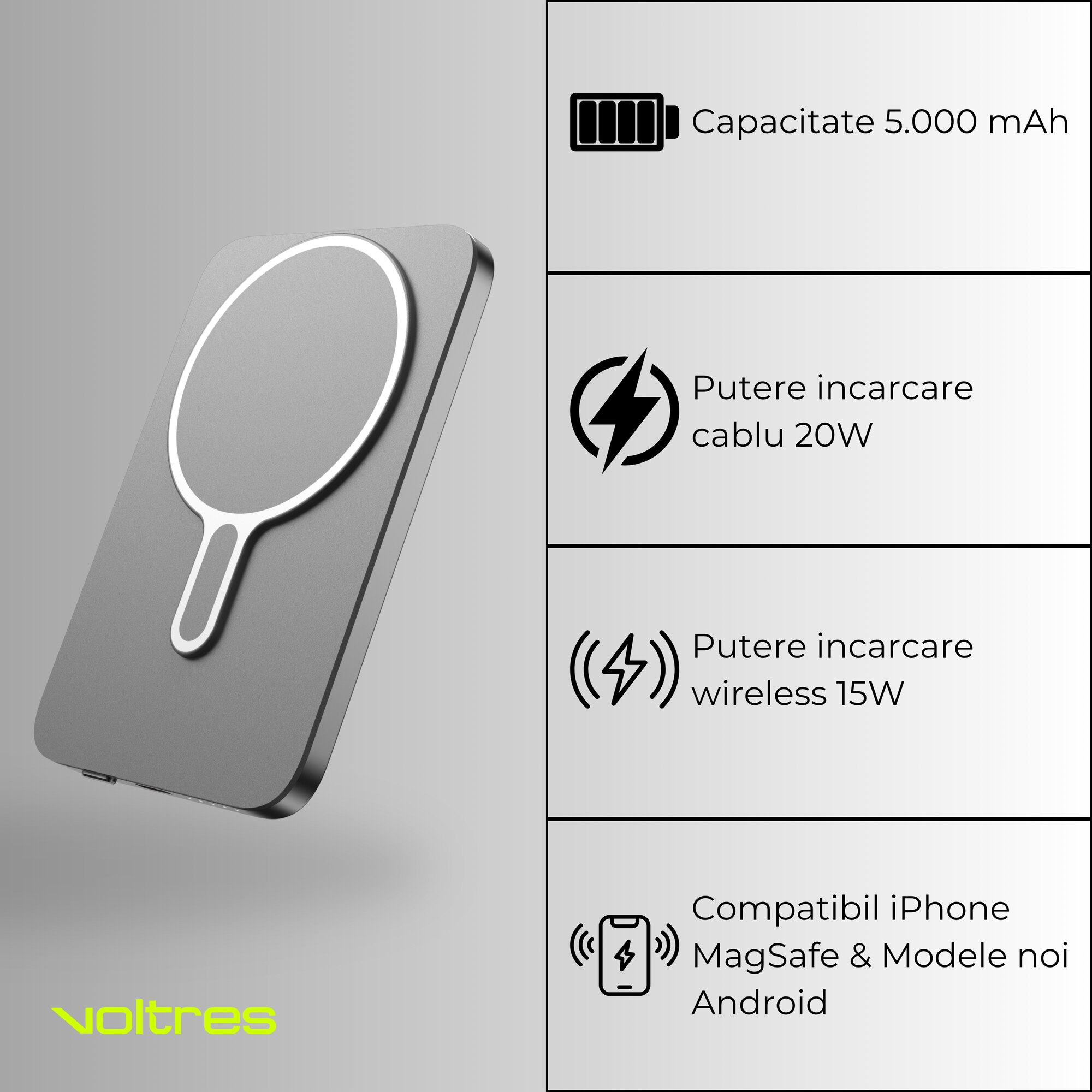 Baterie Externă Voltres MagSafe, 5000mAh, 20W, Gri - eMAG.ro