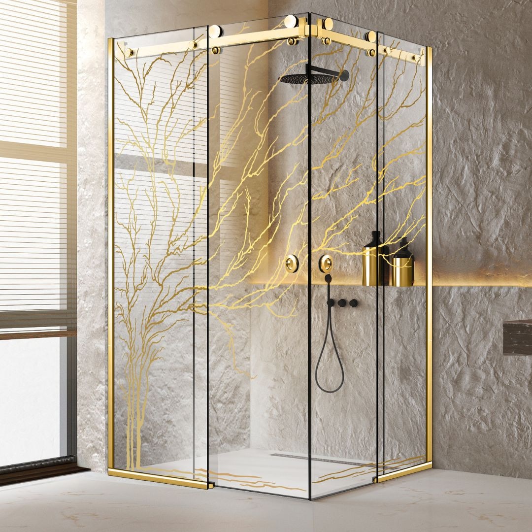 Cabina dus cu 2 usi colt glisante Glissando Duo Gold, model Tree auriu ...