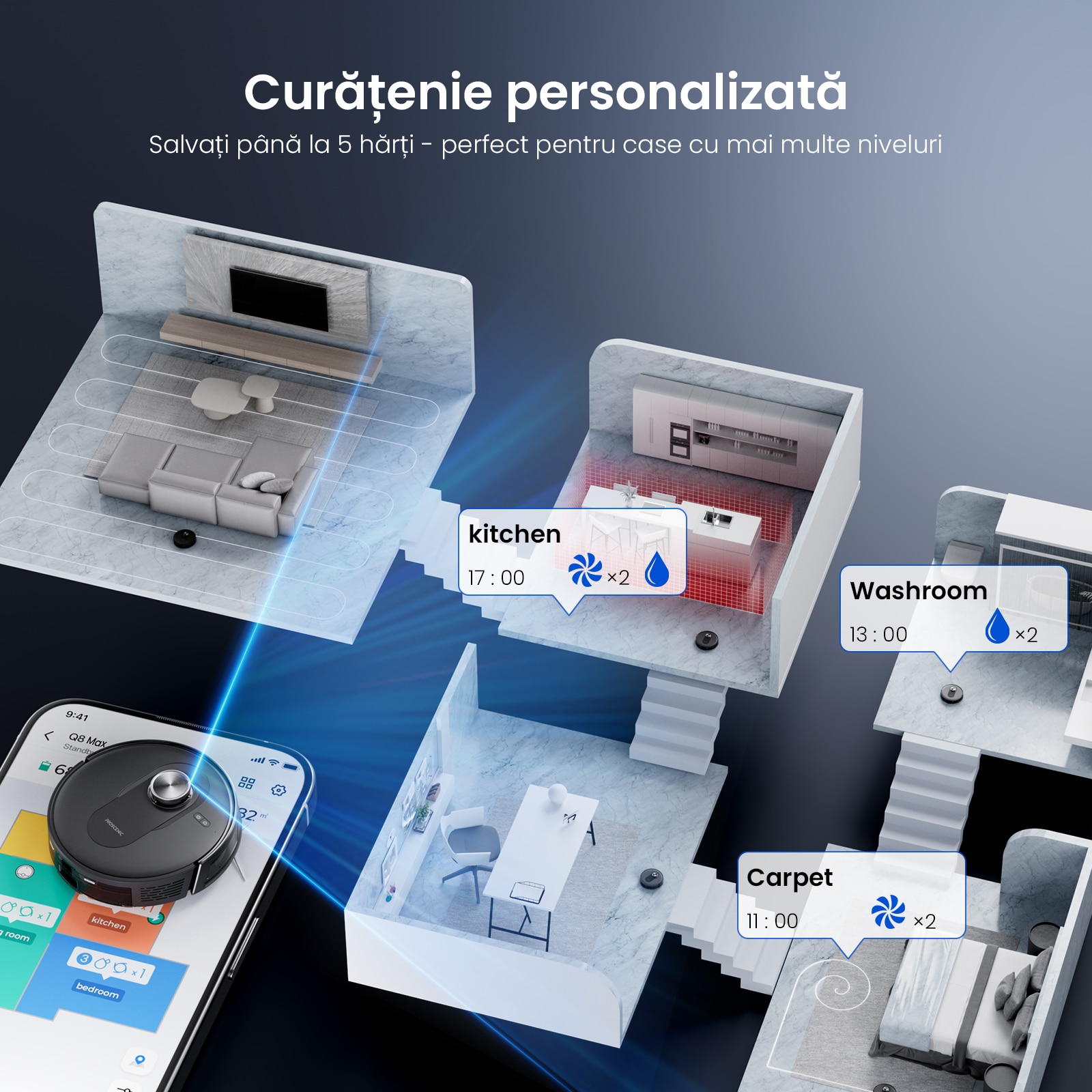 Aspirator robot Proscenic Q10 cu mop, 8000Pa, Robot de aspirare, Google ...