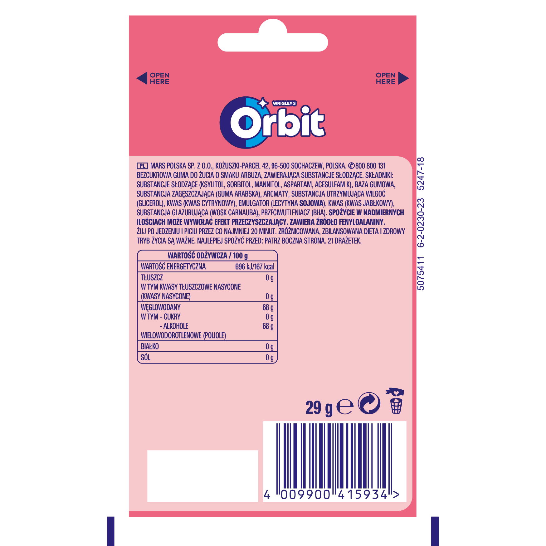 Orbit Guma de mestecat fara zahar, aroma de pepene, 29 g - eMAG.ro