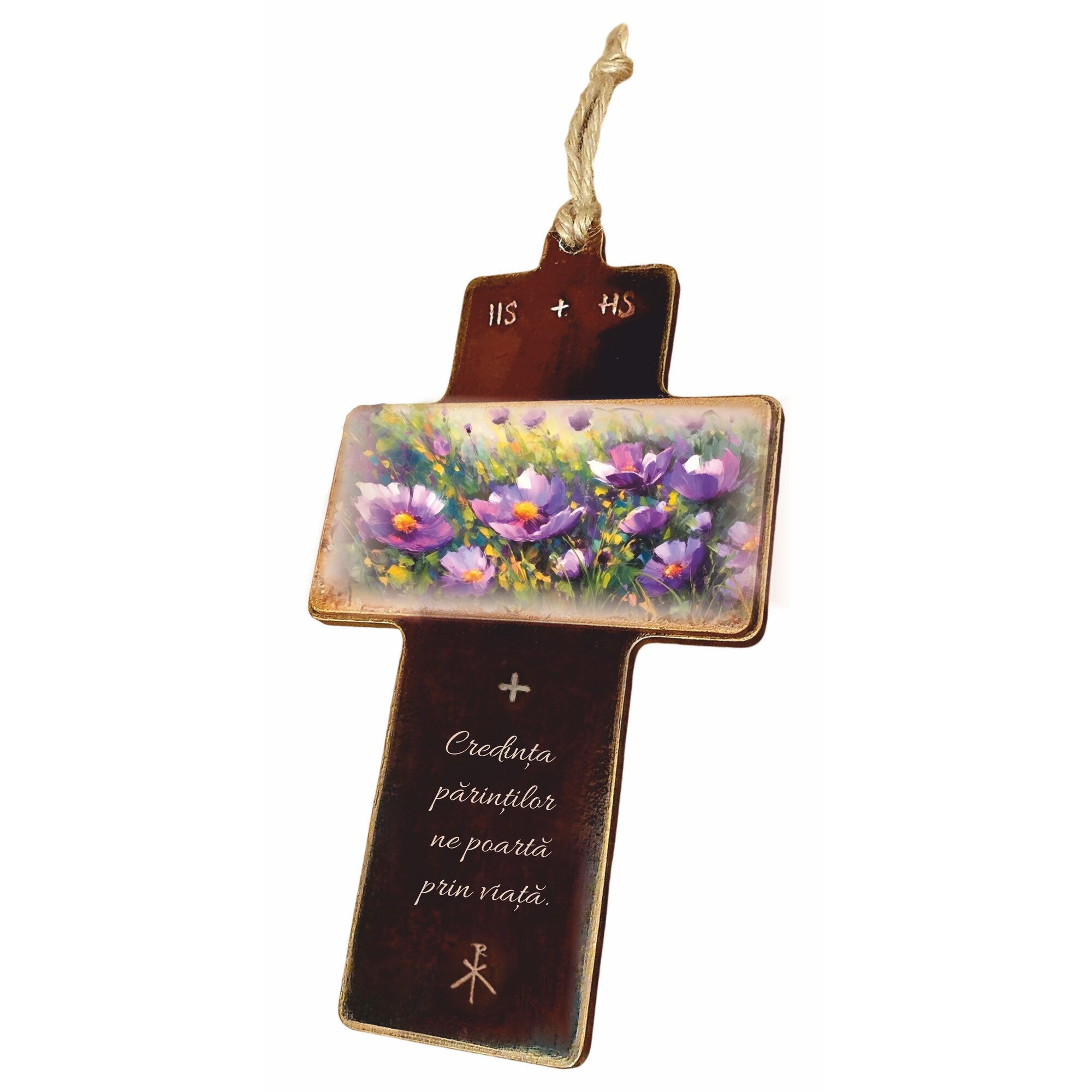 Cruce decorativa din mdf decorata manual, model flori de camp mov, cu ...