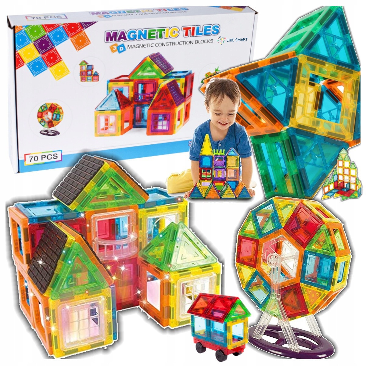 LikeSmart Magnetic Tiles 70 – Set de constructie magnetica pentru copii ...