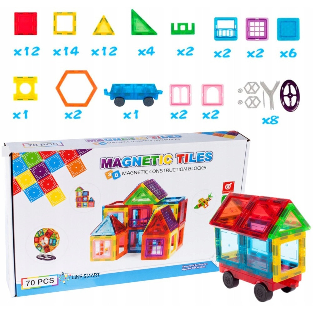 LikeSmart Magnetic Tiles 70 – Set de constructie magnetica pentru copii ...