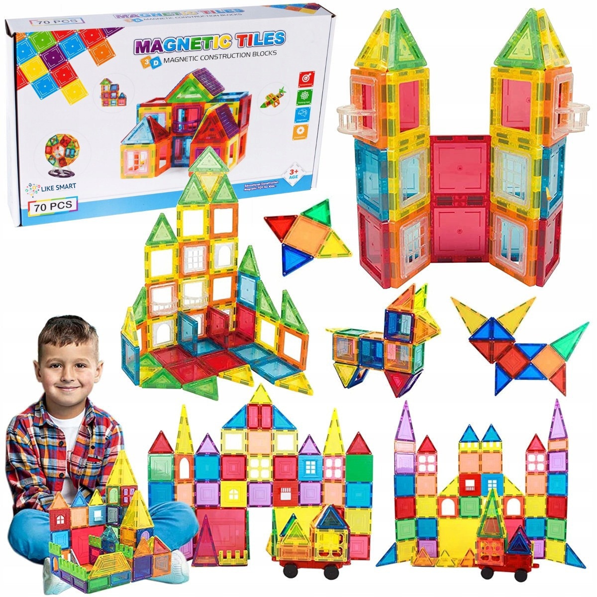 LikeSmart Magnetic Tiles 70 – Set de constructie magnetica pentru copii ...