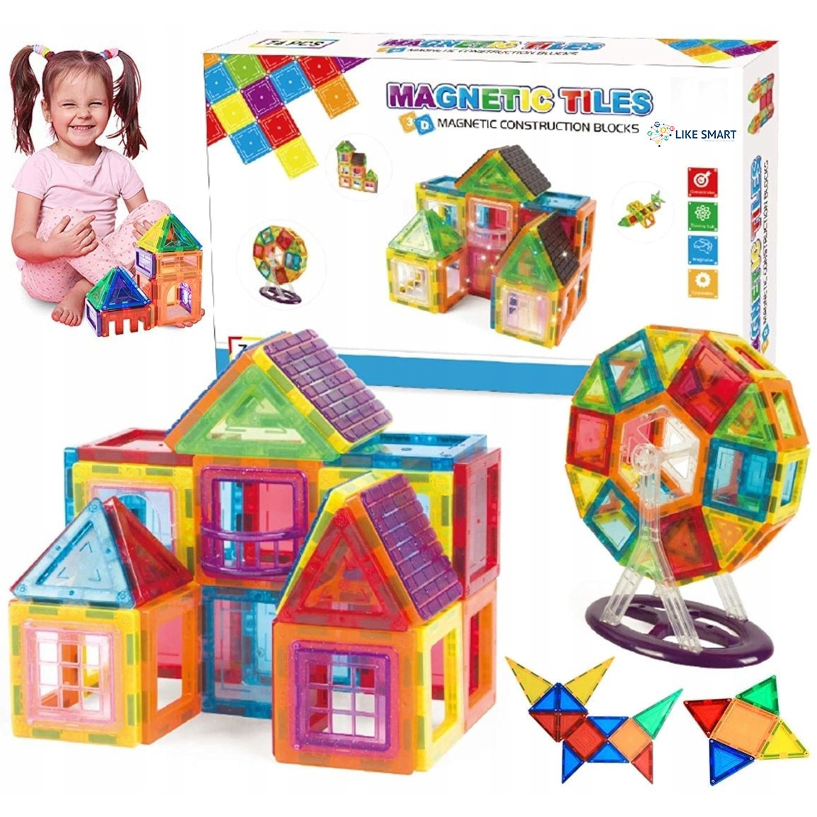 LikeSmart Magnetic Tiles 70 – Set de constructie magnetica pentru copii ...