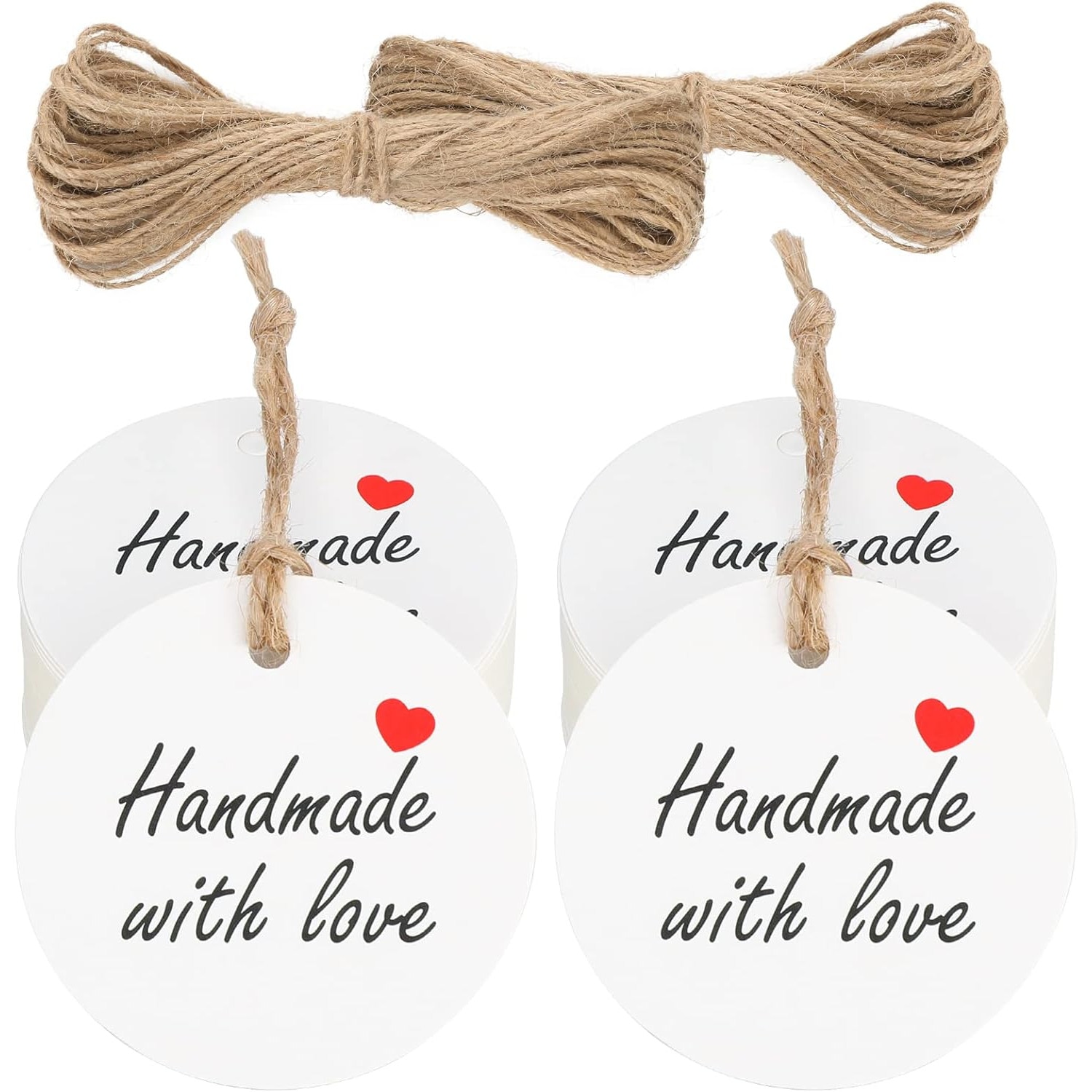 Set 100 Buc Etichete model "Handmade with Love" si iuta, rotunde kraft ...