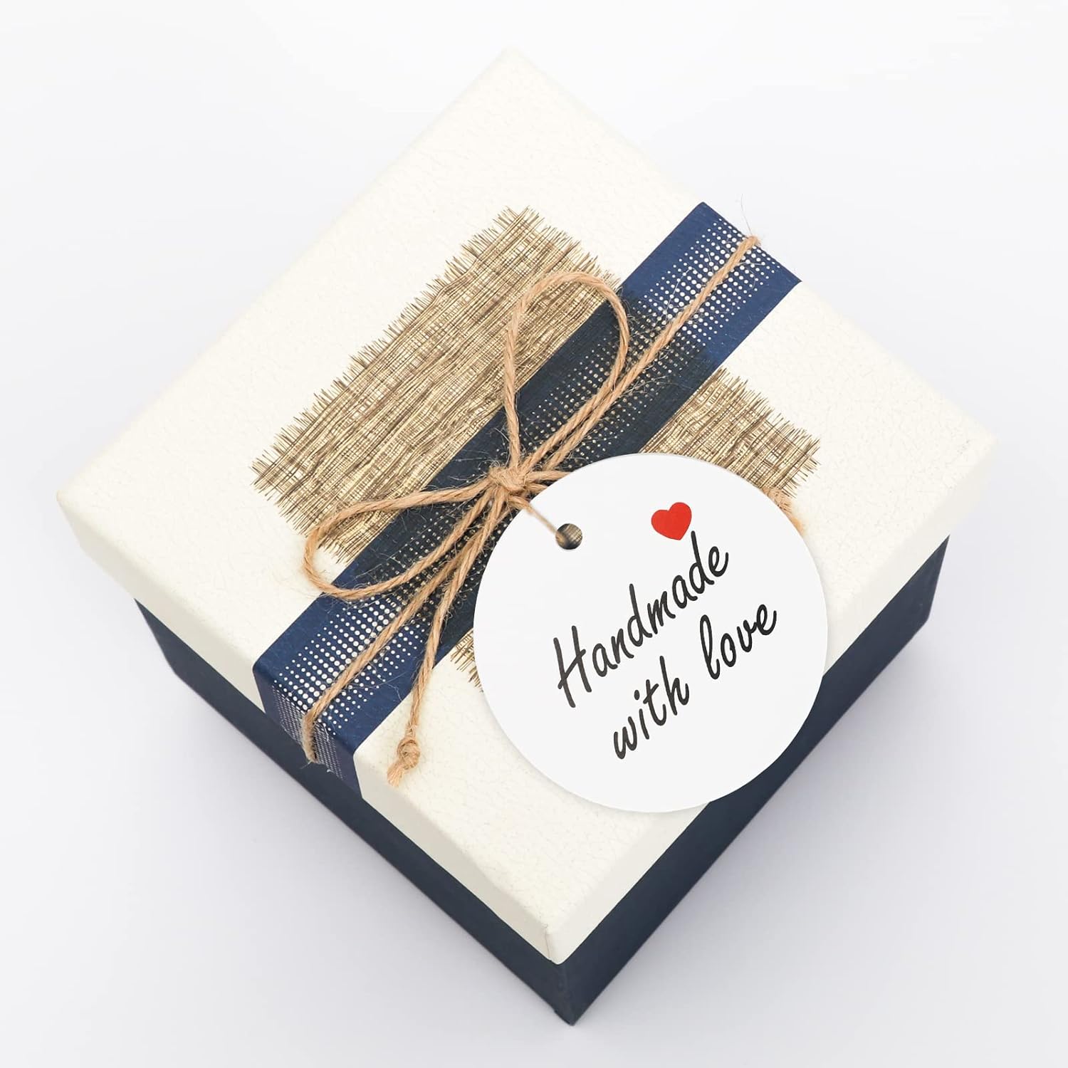 Set 100 Buc Etichete model "Handmade with Love" si iuta, rotunde kraft ...
