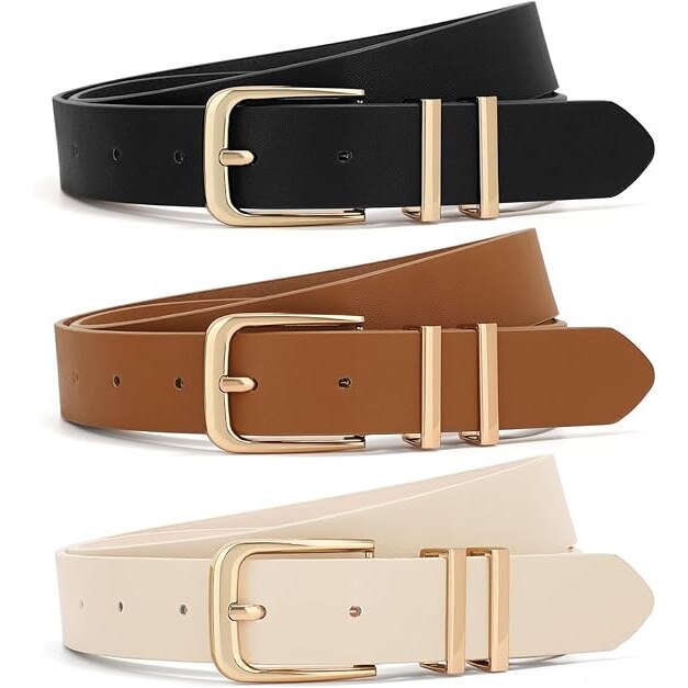 Set de 3 curele din piele pentru femei, 66-99cm, cu catarame aurii ...