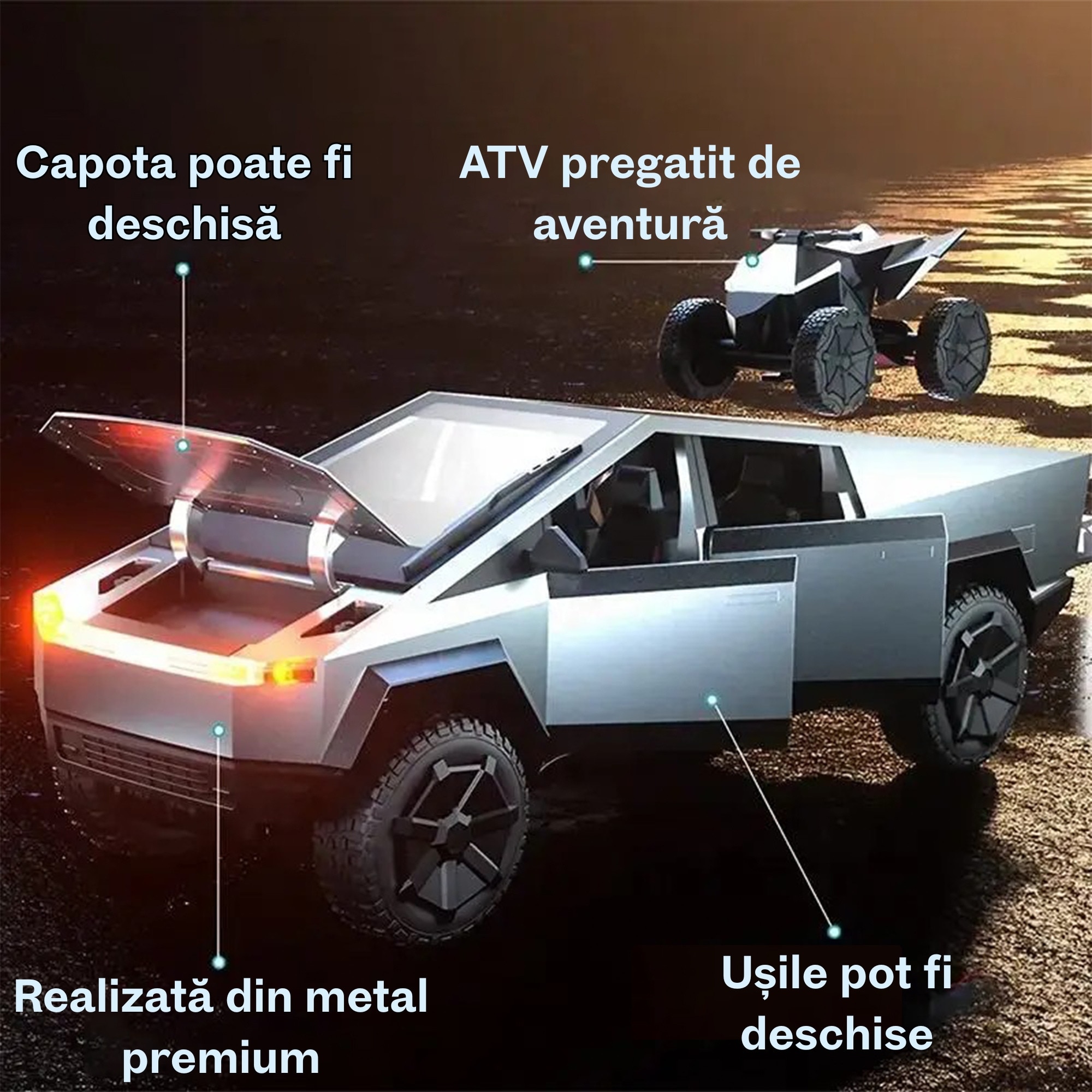 Masinuta RC Tesla Cybertruck cu ATV inclus, cu telecomanda, lumini LED ...