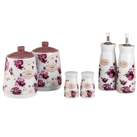 Set 6 Recipiente Organizare Bucatarie, Ceramice, Albe cu Design Floral ...