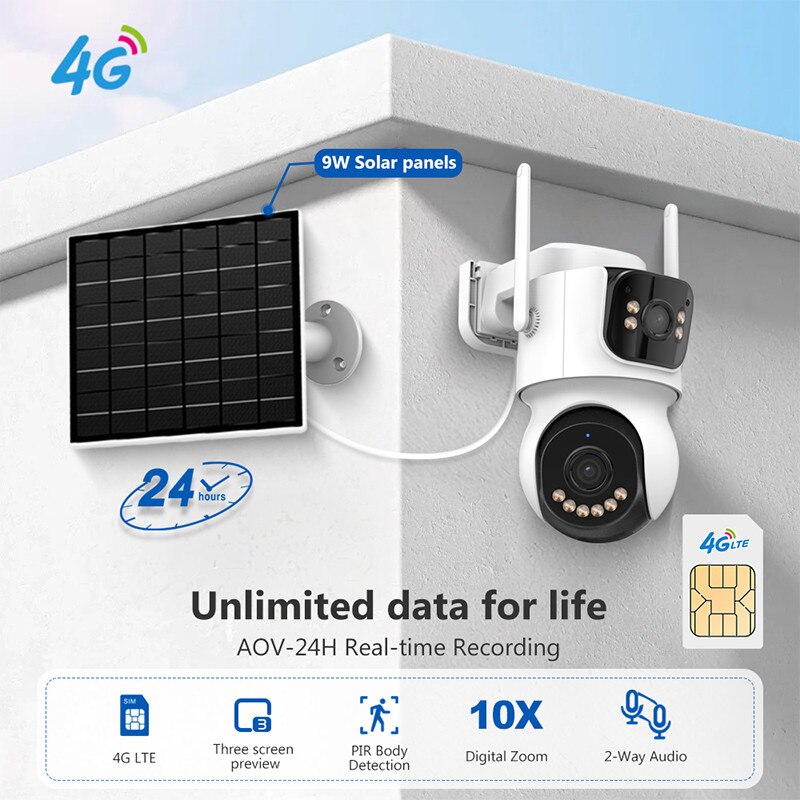 Camera Dubla de supraveghere cu SIM 4G si panou solar GIVZECK®, 2K, AOV ...