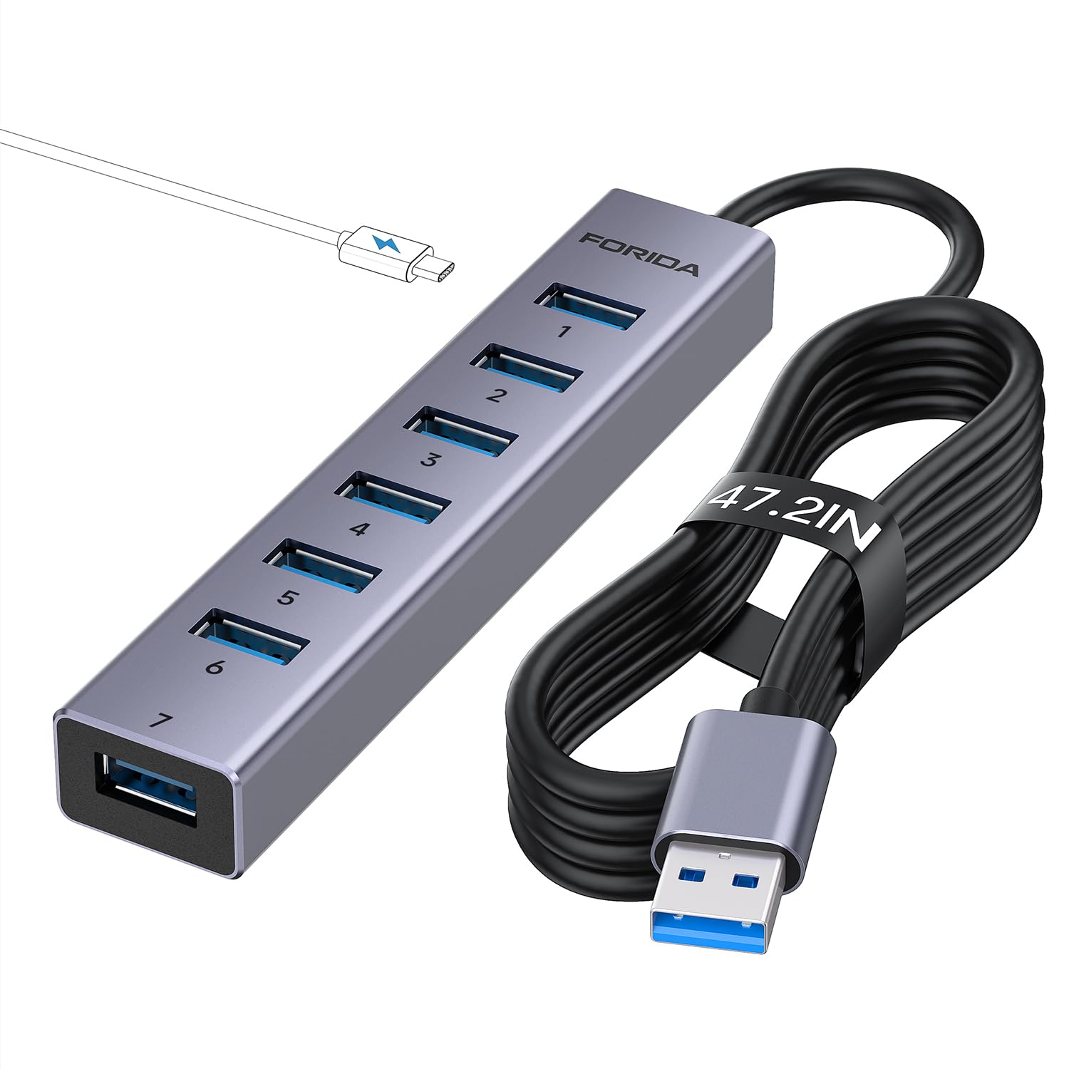Hub Multiport Usb Forida Cu 8 Porturi, 7 Porturi De Date Usb-A 3.0 Cu 5 ...