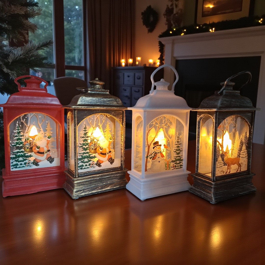 Set 4 Felinare de Craciun 13 cm cu Lumina LED calda sclipitoare, Culori ...