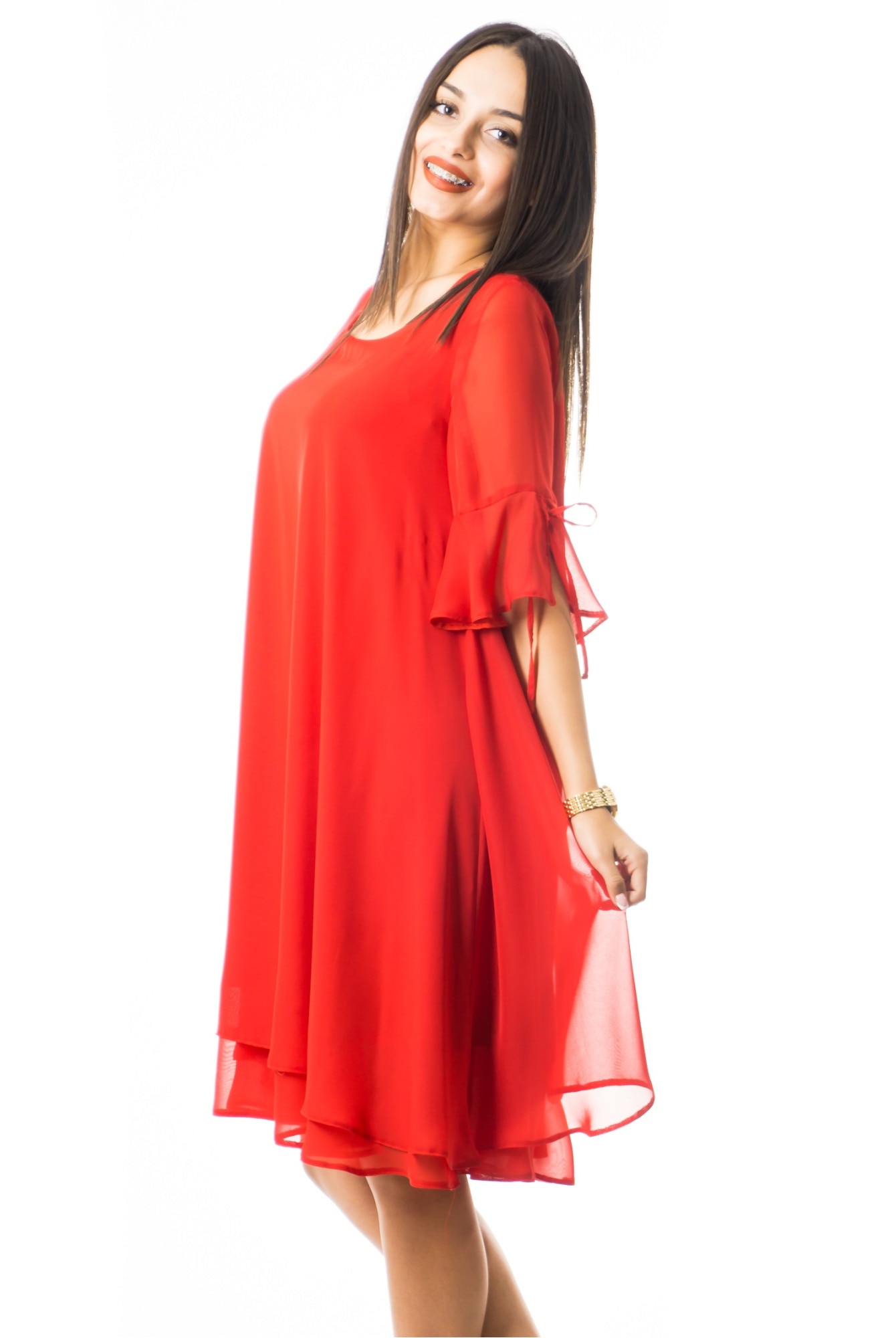 Rochie clos rosie cu volanas si manecuta-12 - eMAG.ro