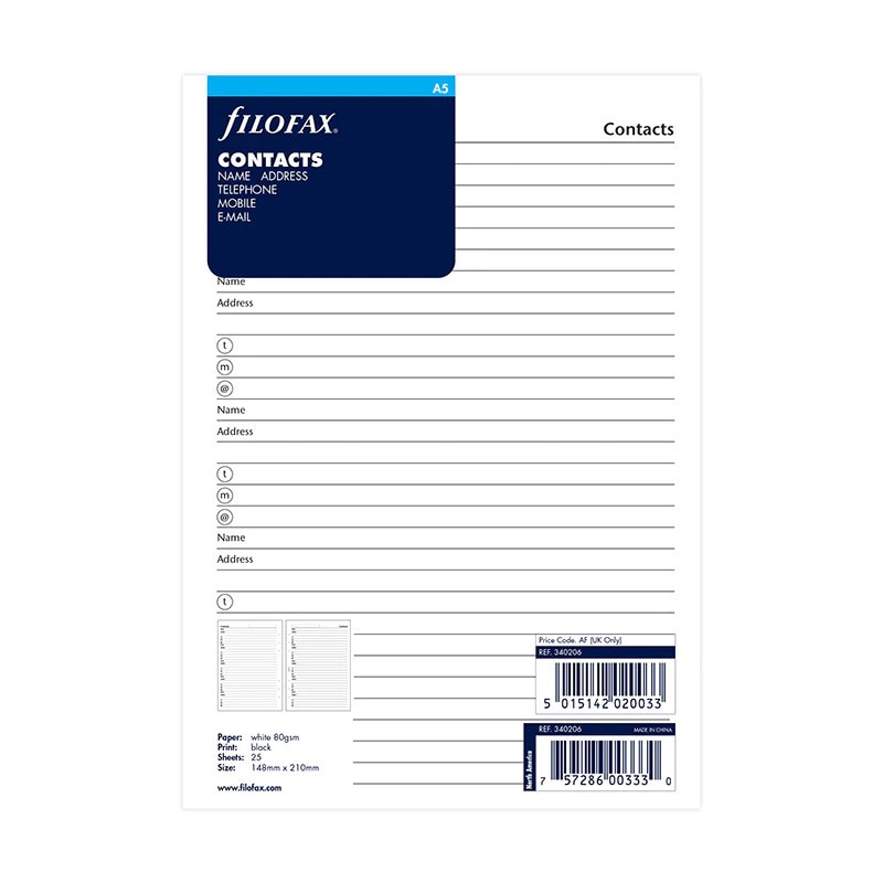 Filofax rendszerező utántöltő, A5, nevekhez, címekhez és ...