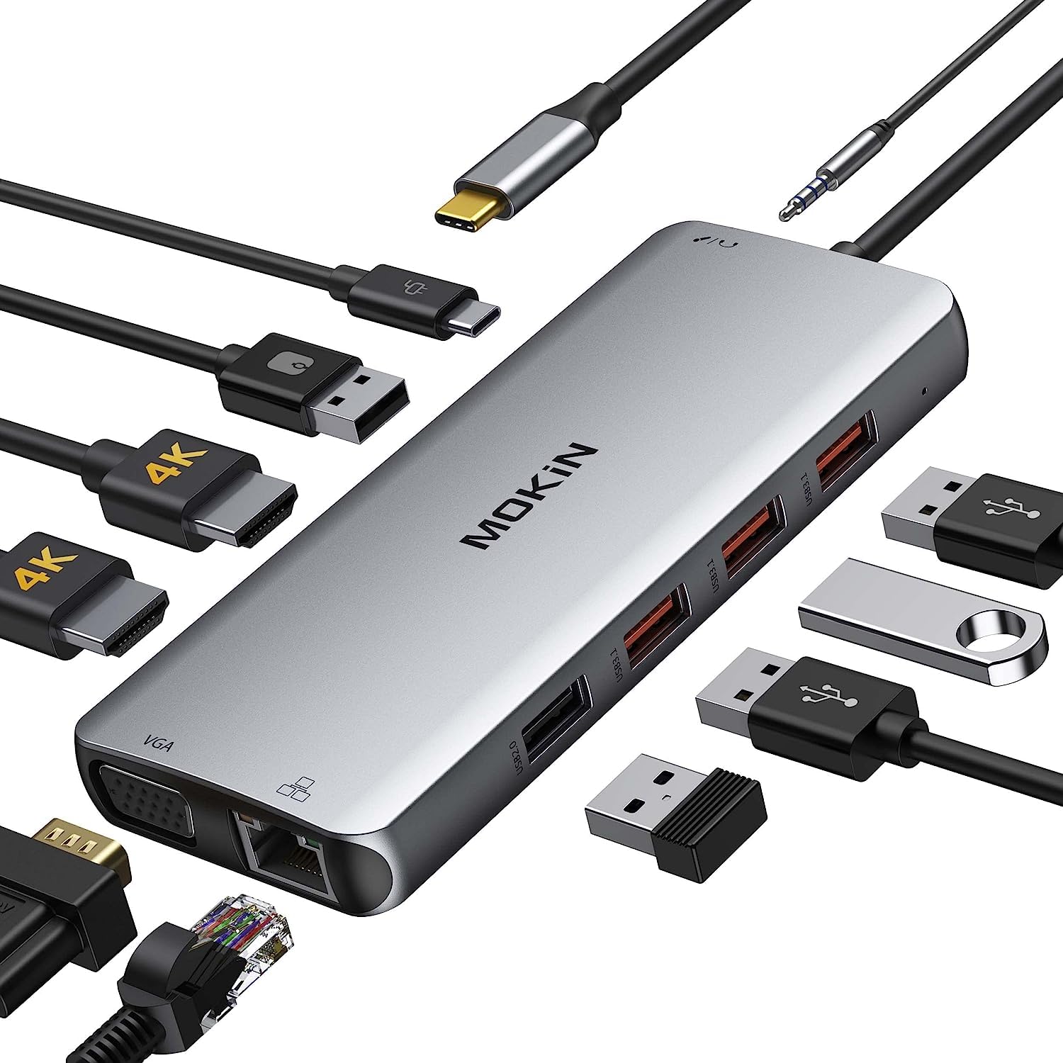 Hub USB-C Mokin, adaptor multiport 12 în 1, negru, alimentare 100W, 4 ...