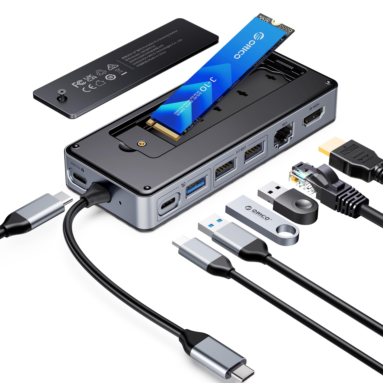 Orico 8-in-1 USB-C Hub M.2 SSD házzal, 10Gbps, HDMI 4K 60Hz, PD 100W ...