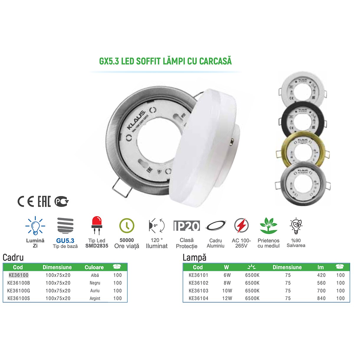 Set 5 Aplice LED KLAUS KE36102, Gx5.3, 8W, 6500K, Alb - eMAG.ro