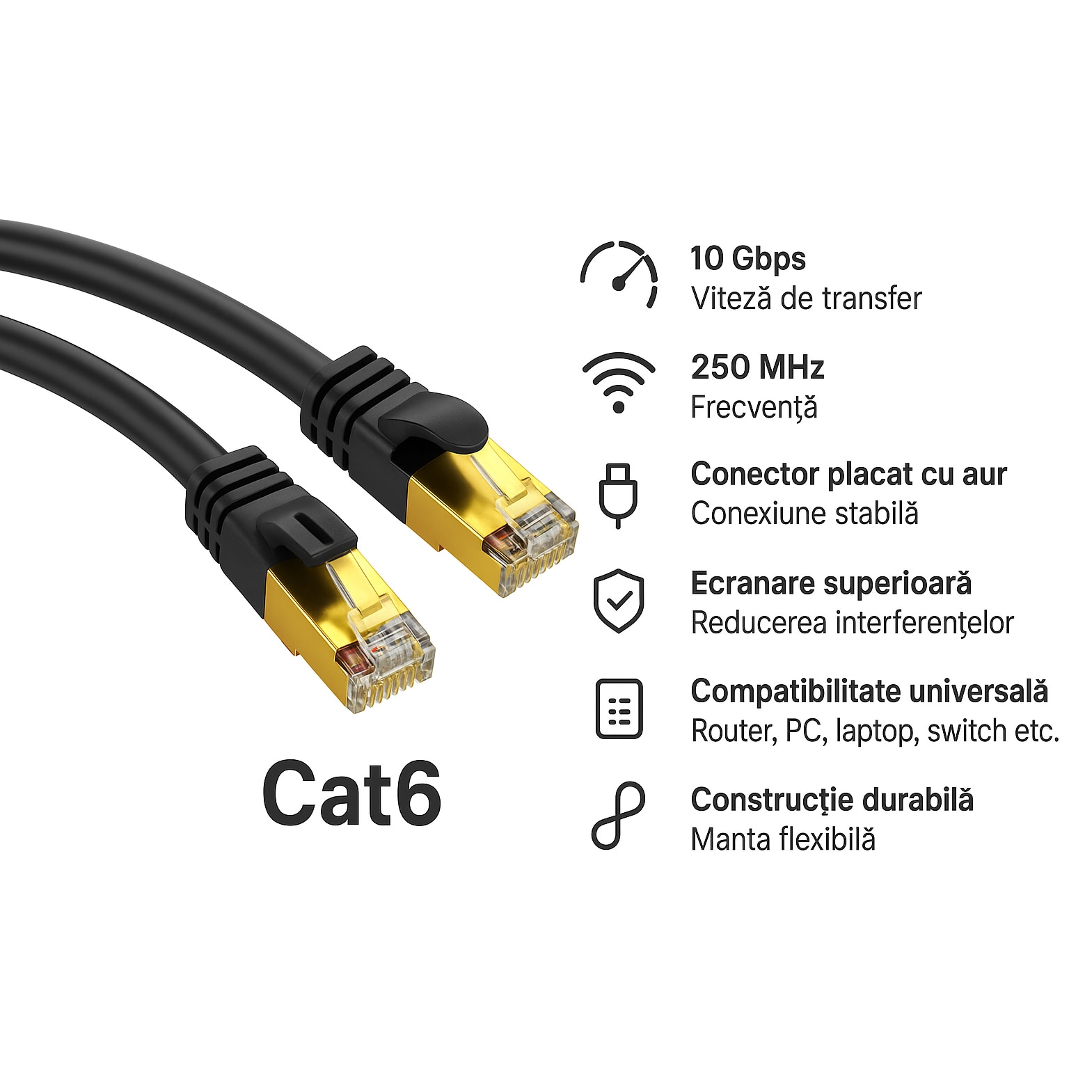 Cablu Internet LAN, CAT 6/6E, UTP Ethernet, Conector RJ45, 1000MbpS ...