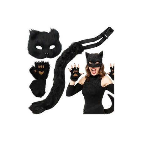 Set costum Halloween 4 in 1, masca, coada, manusi, pisica/vulpe/lup ...