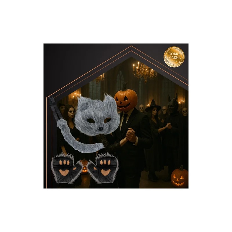 Costum Halloween, set cu masca, manusi, coada de pisica/vulpe/lup, gri ...