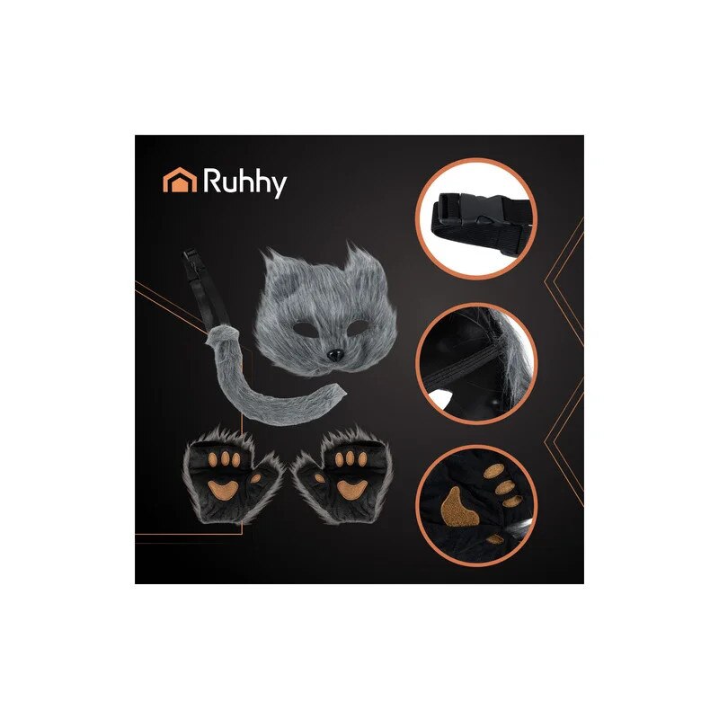 Costum Halloween, set cu masca, manusi, coada de pisica/vulpe/lup, gri ...