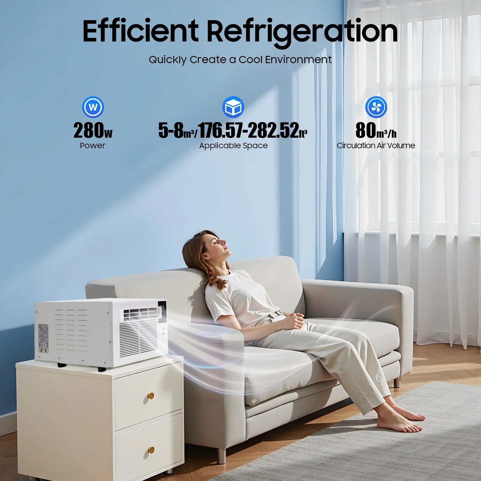 Мини мобилен климатик, 280 W, осцилиращ вентилатор, дистанционно ...