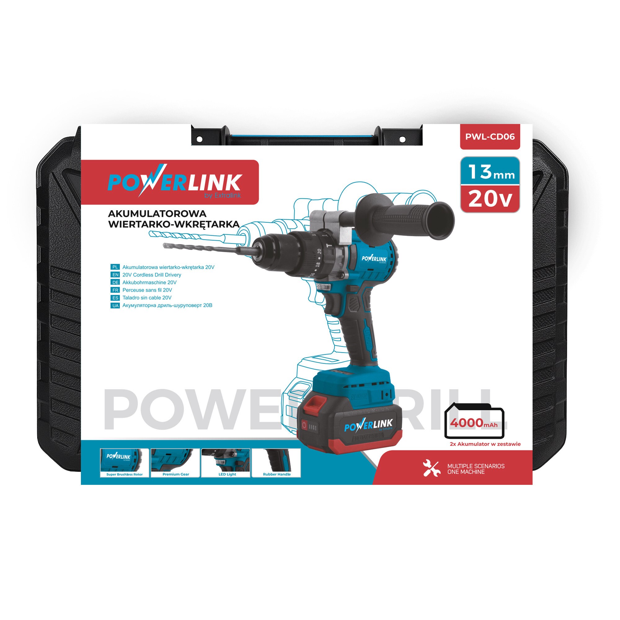 Акумулаторна бормашина Powerlink, 20V, 120 N.m, 2 батерии 4Ah, 13mm, с ...