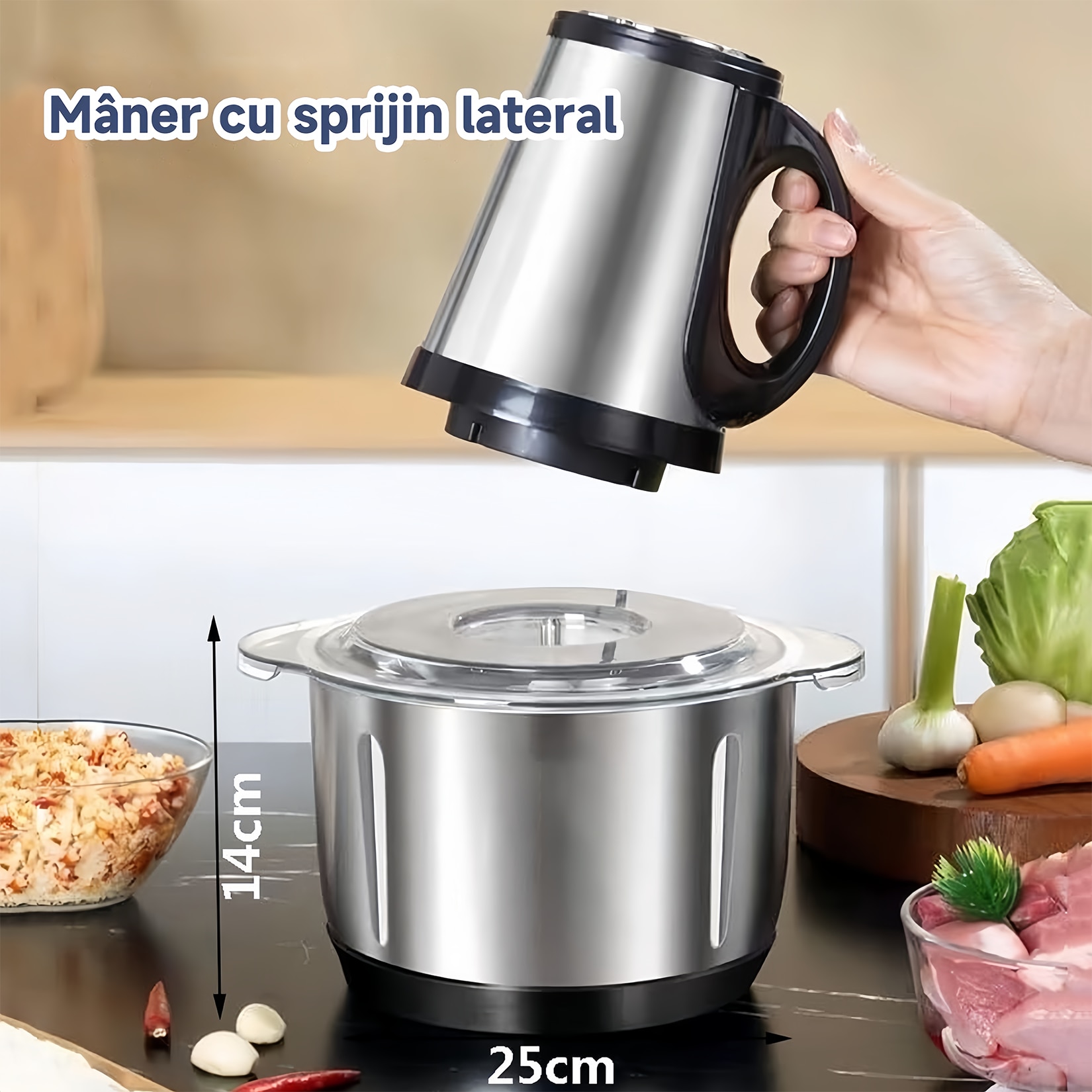 Tocator electric RorAem, 5 lame inox, 3 viteze, argintiu, 5L - eMAG.ro