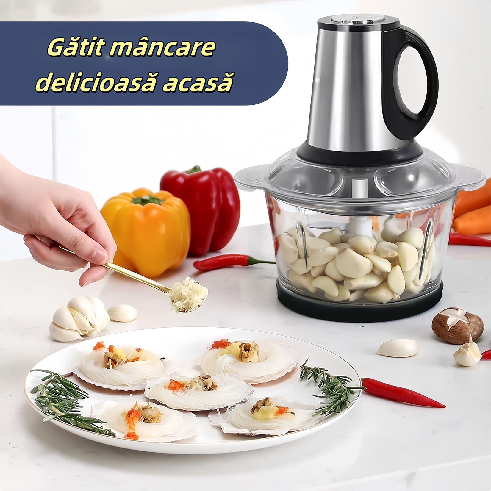Tocator electric RorAem, 5 lame inox, 3 viteze, argintiu, 5L - eMAG.ro