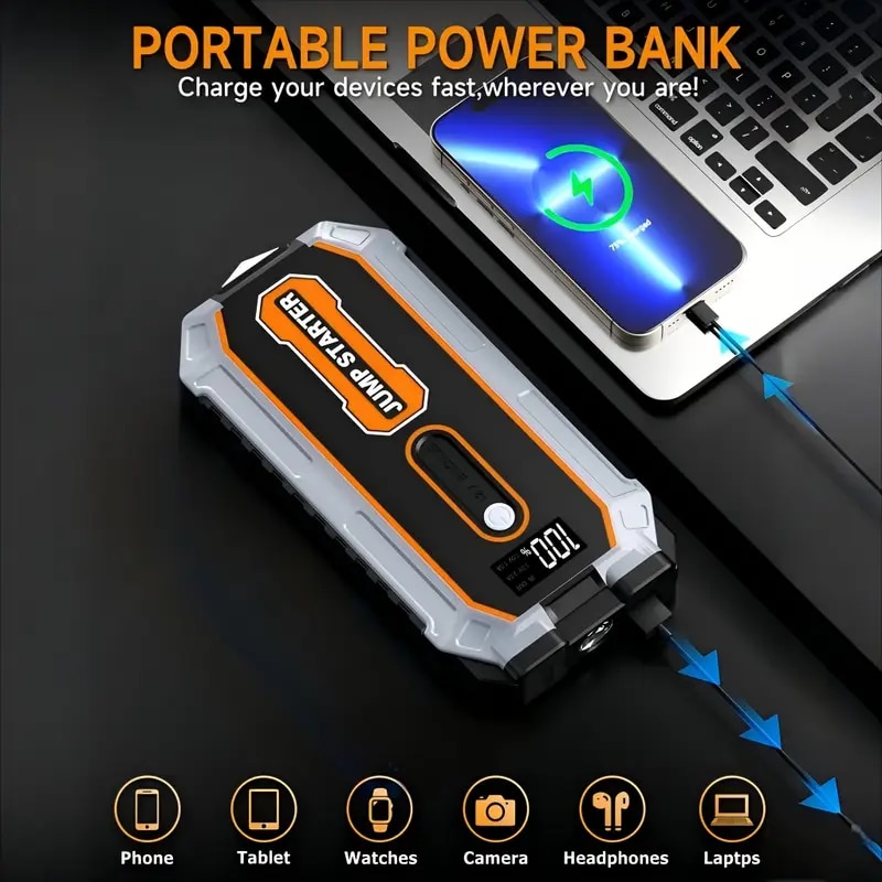 Starter auto Portabil BUANIERT®, Redresor Auto 3000A, 12V, 20000mAh, 3 ...