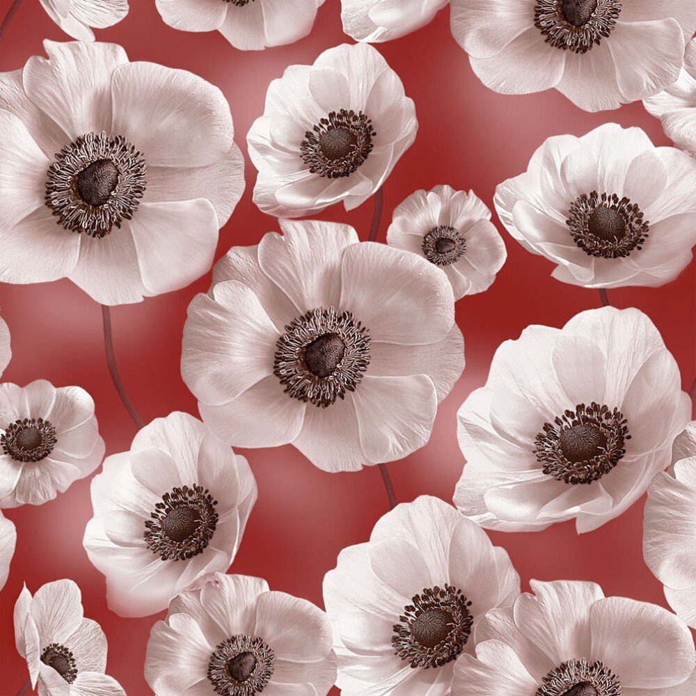 Tapet cu flori albe, fond rosu, lavabil, vinil, rezistent la apa ...